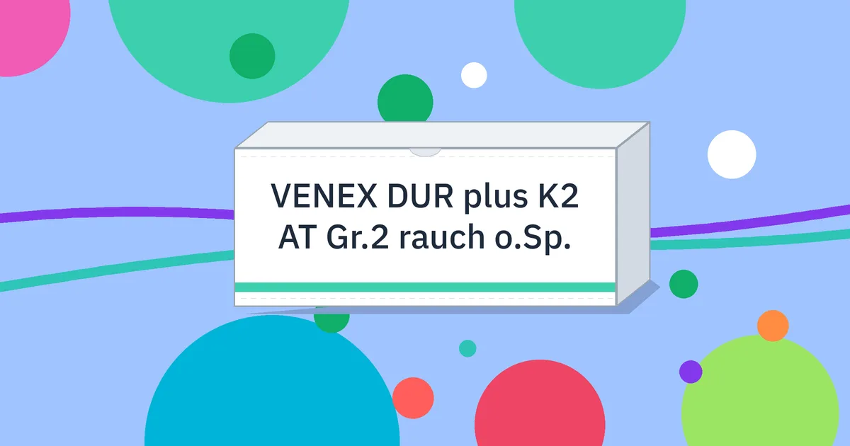 Symbolbild: Packung mit der Aufschrift VENEX DUR plus K2 AT Gr.2 rauch o.Sp. (PZN 03234454) – Verfügbarkeit und Bezug in Apotheken in Frankfurt am Main