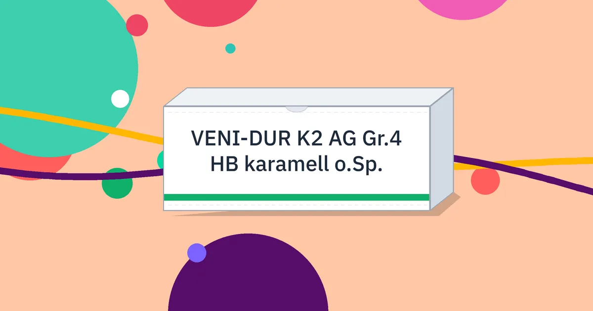 Symbolbild: Packung mit der Aufschrift VENI-DUR K2 AG Gr.4 HB karamell o.Sp. (PZN 13756662) – Verfügbarkeit und Bezug in Apotheken in Frankfurt am Main