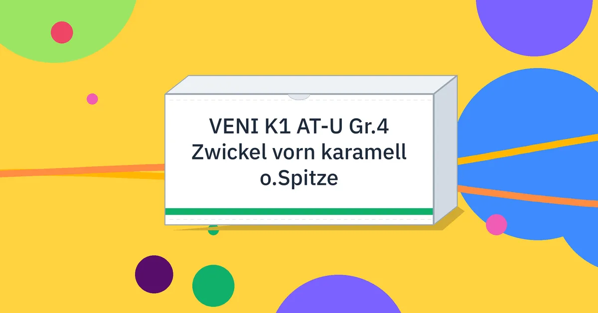 Symbolbild: Packung mit der Aufschrift VENI K1 AT-U Gr.4 Zwickel vorn karamell o.Spitze (PZN 13758856) – Verfügbarkeit und Bezug in Apotheken in Frankfurt am Main