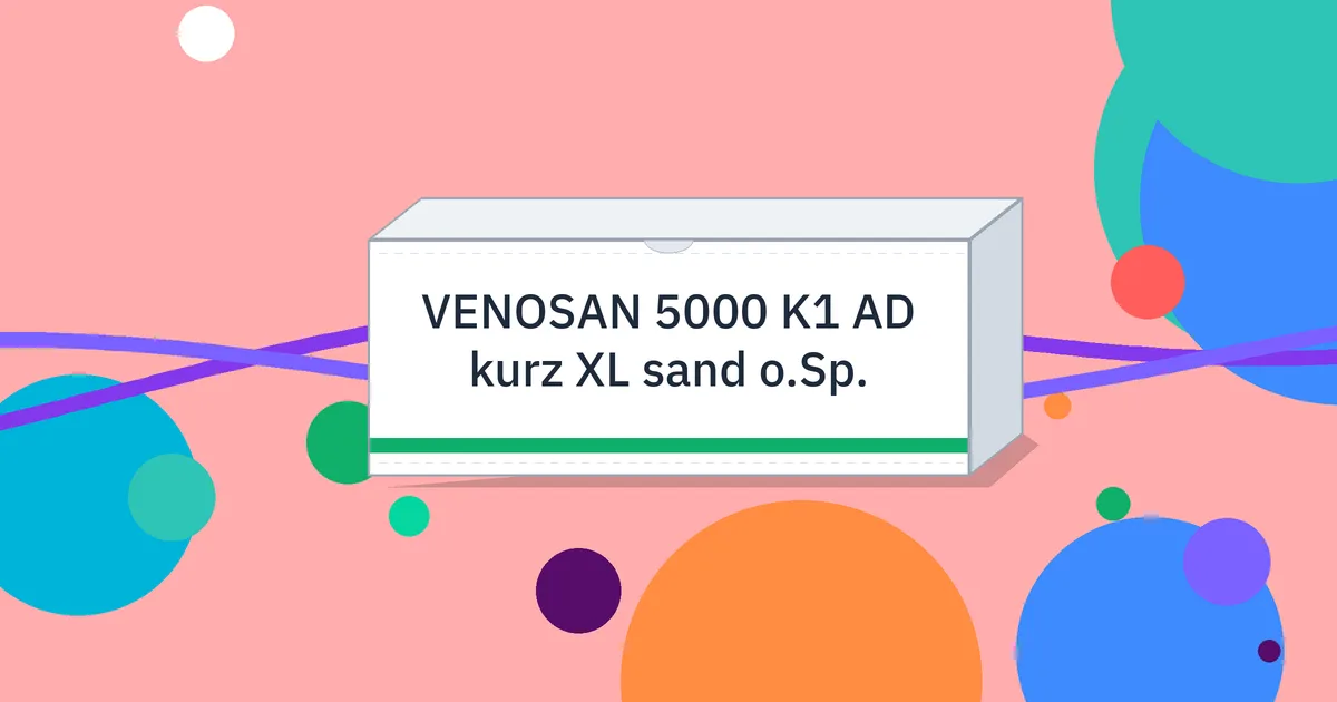 Symbolbild: Packung mit der Aufschrift VENOSAN 5000 K1 AD kurz XL sand o.Sp. (PZN 14428115) – Verfügbarkeit und Bezug in Apotheken in Frankfurt am Main