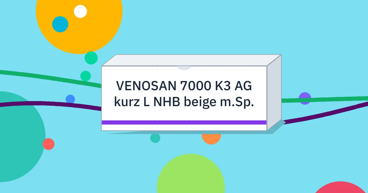 Symbolbild: Packung mit der Aufschrift VENOSAN 7000 K3 AG kurz L NHB beige m.Sp. (PZN 14435463) – Verfügbarkeit und Bezug in Apotheken in Frankfurt am Main