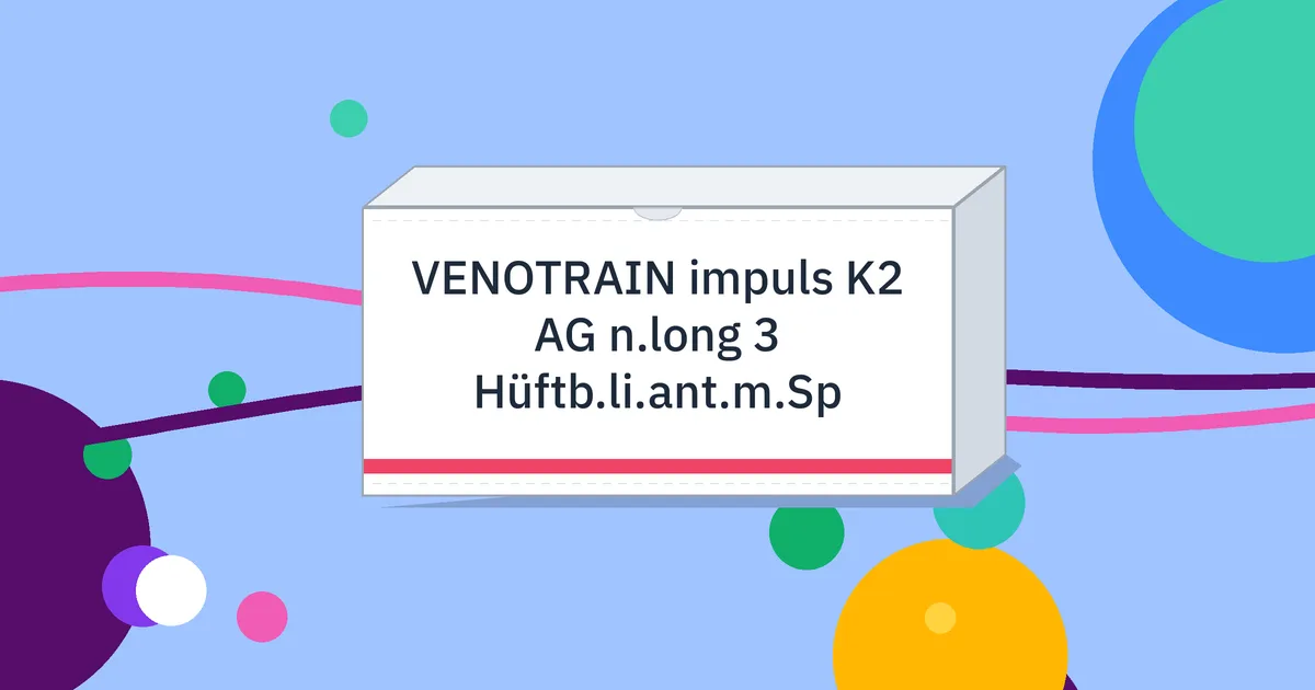 Symbolbild: Packung mit der Aufschrift VENOTRAIN impuls K2 AG n.long 3 Hüftb.li.ant.m.Sp (PZN 15219402) – Verfügbarkeit und Bezug in Apotheken in Frankfurt am Main