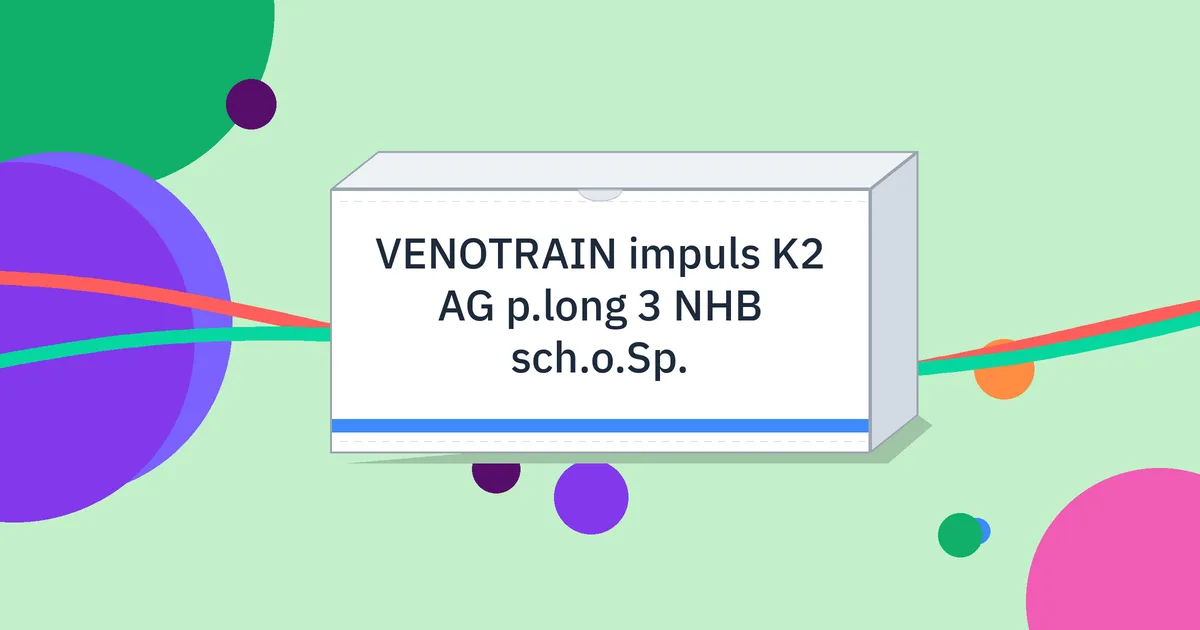 Symbolbild: Packung mit der Aufschrift VENOTRAIN impuls K2 AG p.long 3 NHB sch.o.Sp. (PZN 00520691) – Verfügbarkeit und Bezug in Apotheken in Frankfurt am Main