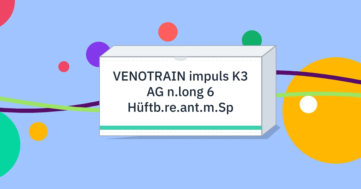 Symbolbild: Packung mit der Aufschrift VENOTRAIN impuls K3 AG n.long 6 Hüftb.re.ant.m.Sp (PZN 15218259) – Verfügbarkeit und Bezug in Apotheken in Frankfurt am Main