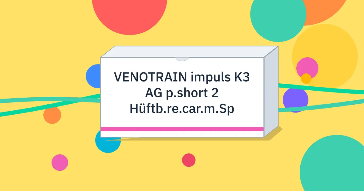 Symbolbild: Packung mit der Aufschrift VENOTRAIN impuls K3 AG p.short 2 Hüftb.re.car.m.Sp (PZN 10293641) – Verfügbarkeit und Bezug in Apotheken in Frankfurt am Main