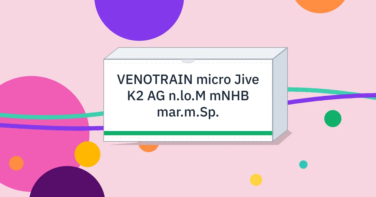 Symbolbild: Packung mit der Aufschrift VENOTRAIN micro Jive K2 AG n.lo.M mNHB mar.m.Sp. (PZN 17762004) – Verfügbarkeit und Bezug in Apotheken in Frankfurt am Main