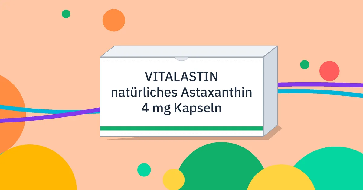 Symbolbild: Packung mit der Aufschrift VITALASTIN natürliches Astaxanthin 4 mg Kapseln (PZN 11083495) – Verfügbarkeit und Bezug in Apotheken in Frankfurt am Main