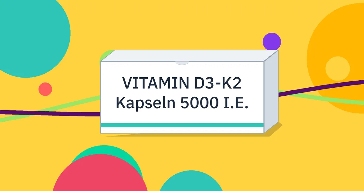 Symbolbild: Packung mit der Aufschrift VITAMIN D3-K2 Kapseln 5000 I.E. (PZN 18362258) – Verfügbarkeit und Bezug in Apotheken in Frankfurt am Main