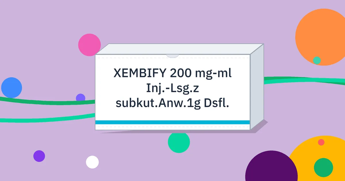 Symbolbild: Packung mit der Aufschrift XEMBIFY 200 mg-ml Inj.-Lsg.z subkut.Anw.1g Dsfl. (PZN 17992230) – Verfügbarkeit und Bezug in Apotheken in Frankfurt am Main