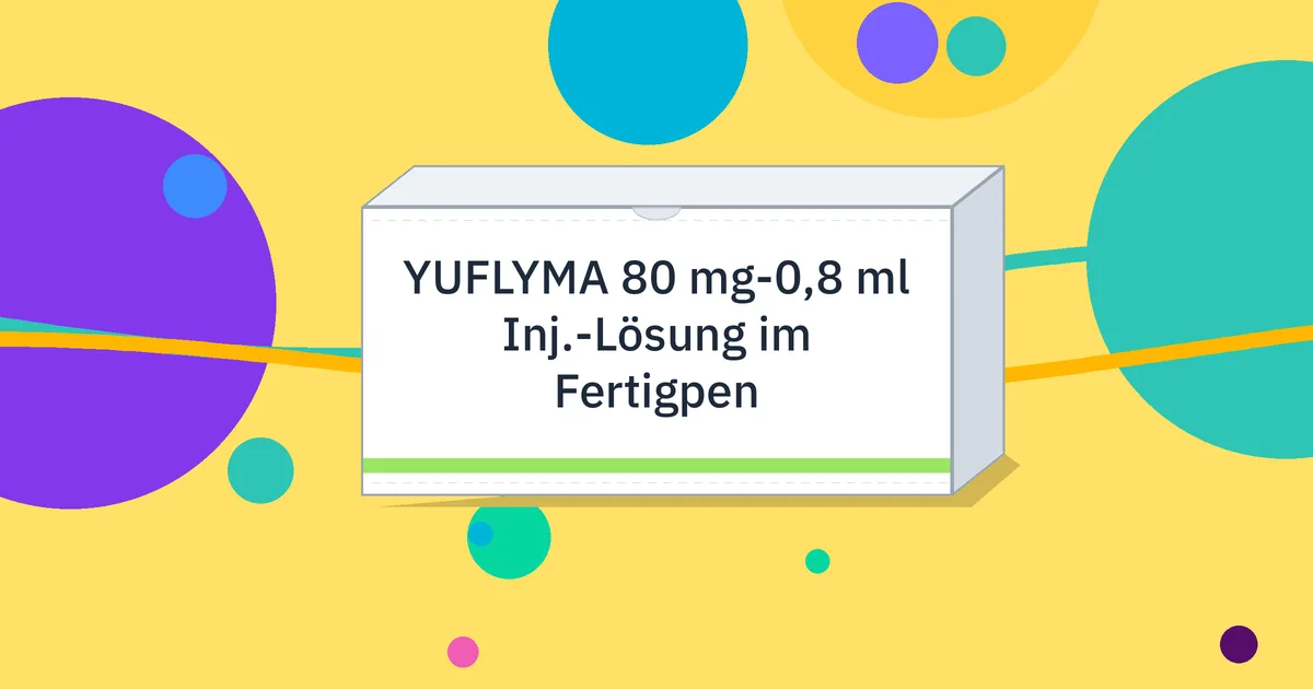 Symbolbild: Packung mit der Aufschrift YUFLYMA 80 mg-0,8 ml Inj.-Lösung im Fertigpen (PZN 19871513) – Verfügbarkeit und Bezug in Apotheken in Frankfurt am Main