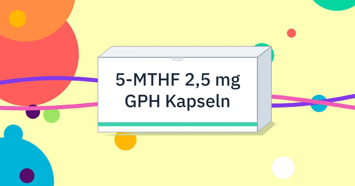Symbolbild: Packung mit der Aufschrift 5-MTHF 2,5 mg GPH Kapseln (PZN 20051301) – Verfügbarkeit und Bezug in Apotheken in Frankfurt am Main