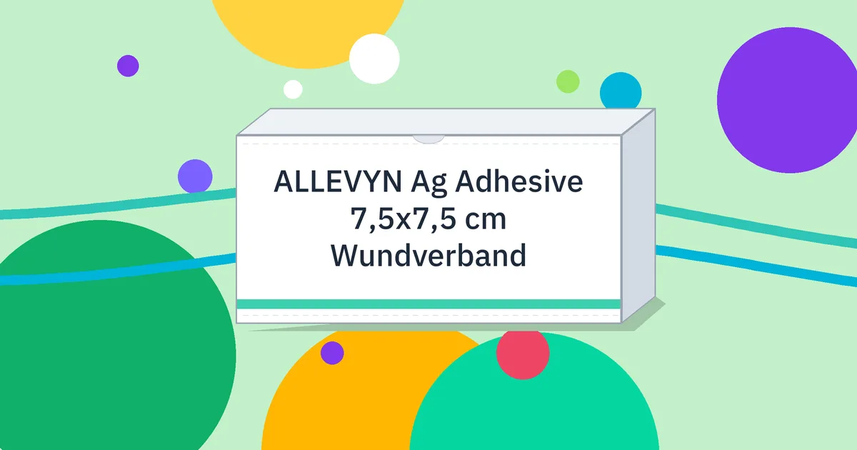 Symbolbild: Packung mit der Aufschrift ALLEVYN Ag Adhesive 7,5x7,5 cm Wundverband (PZN 14235178) – Verfügbarkeit und Bezug in Apotheken in Frankfurt am Main