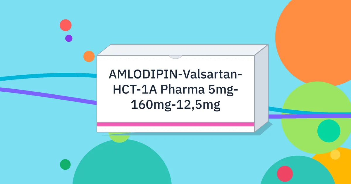 Symbolbild: Packung mit der Aufschrift AMLODIPIN-Valsartan-HCT-1A Pharma 5mg-160mg-12,5mg (PZN 16003182) – Verfügbarkeit und Bezug in Apotheken in Frankfurt am Main