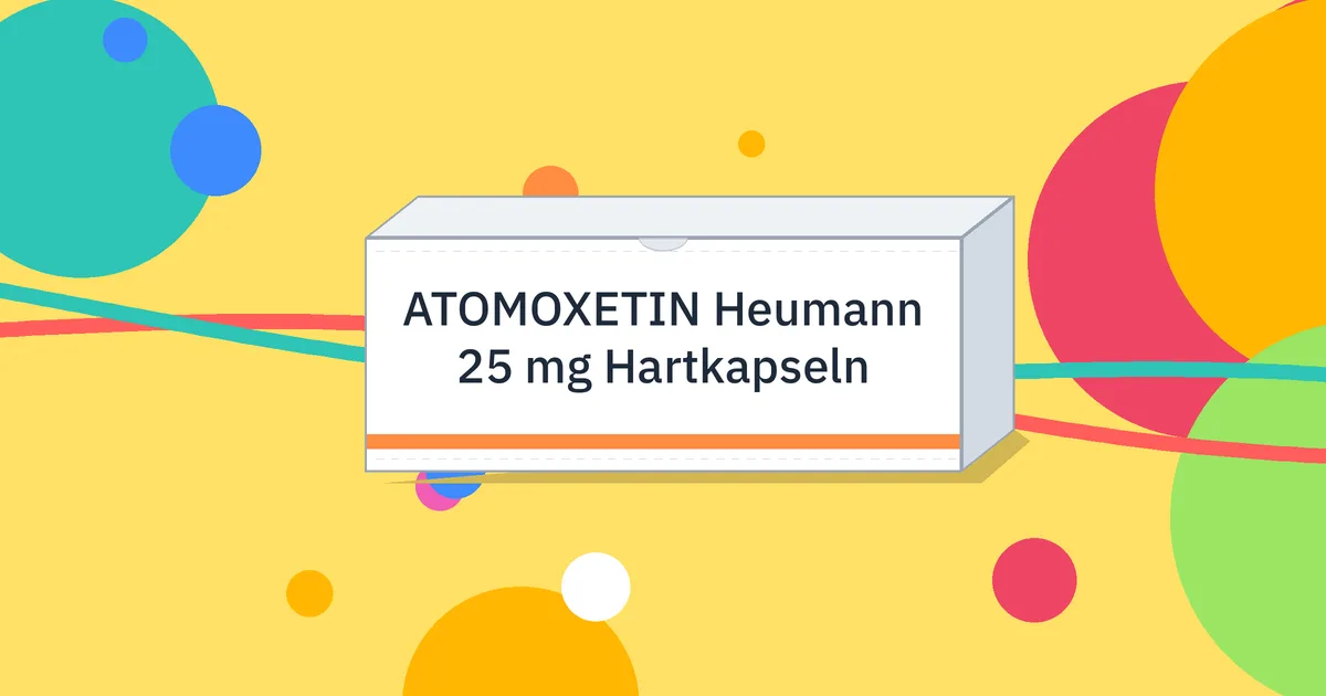 Symbolbild: Packung mit der Aufschrift ATOMOXETIN Heumann 25 mg Hartkapseln (PZN 14063932) – Verfügbarkeit und Bezug in Apotheken in Frankfurt am Main