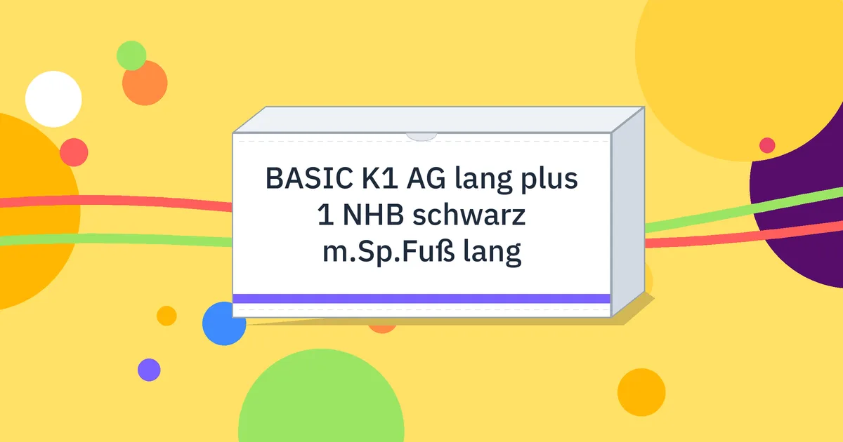 Symbolbild: Packung mit der Aufschrift BASIC K1 AG lang plus 1 NHB schwarz m.Sp.Fuß lang (PZN 20259579) – Verfügbarkeit und Bezug in Apotheken in Frankfurt am Main