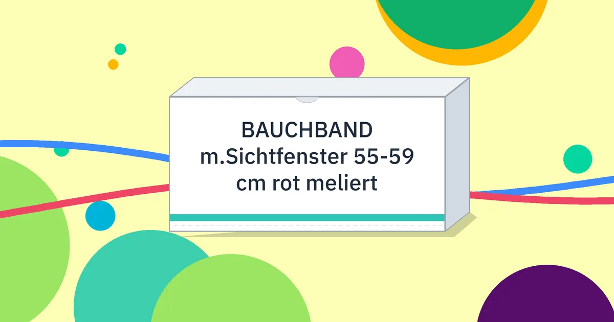 Symbolbild: Packung mit der Aufschrift BAUCHBAND m.Sichtfenster 55-59 cm rot meliert (PZN 13917131) – Verfügbarkeit und Bezug in Apotheken in Frankfurt am Main