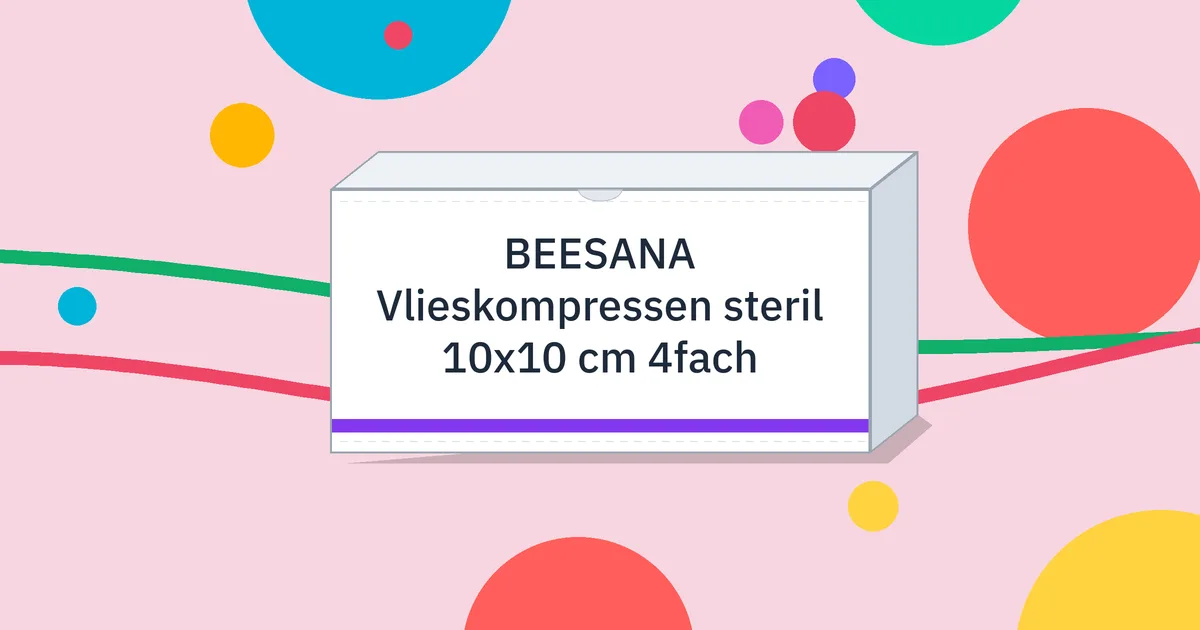 Symbolbild: Packung mit der Aufschrift BEESANA Vlieskompressen steril 10x10 cm 4fach (PZN 14199459) – Verfügbarkeit und Bezug in Apotheken in Frankfurt am Main