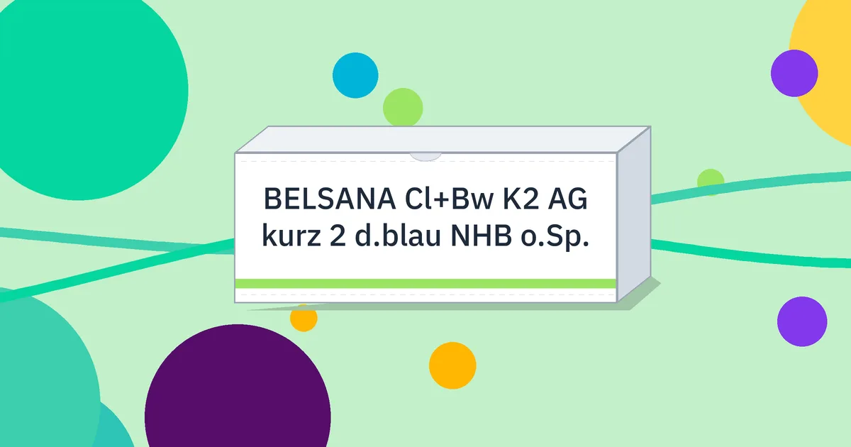Symbolbild: Packung mit der Aufschrift BELSANA Cl+Bw K2 AG kurz 2 d.blau NHB o.Sp. (PZN 15627006) – Verfügbarkeit und Bezug in Apotheken in Frankfurt am Main