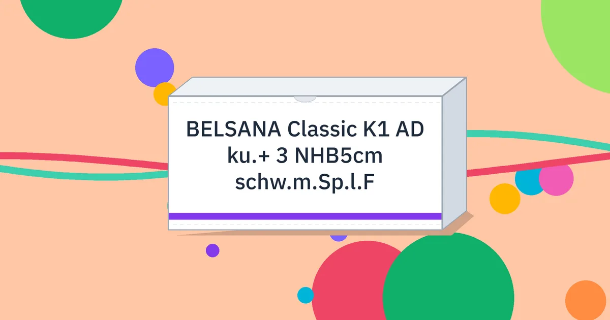 Symbolbild: Packung mit der Aufschrift BELSANA Classic K1 AD ku.+ 3 NHB5cm schw.m.Sp.l.F (PZN 19255398) – Verfügbarkeit und Bezug in Apotheken in Frankfurt am Main