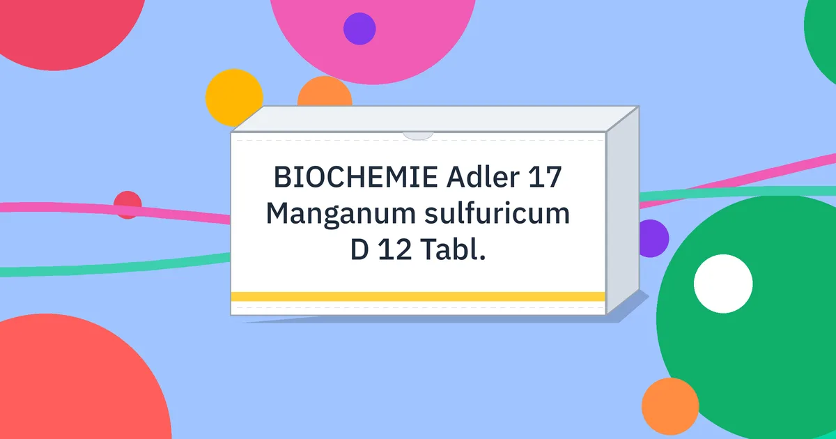 Symbolbild: Packung mit der Aufschrift BIOCHEMIE Adler 17 Manganum sulfuricum D 12 Tabl. (PZN 02730292) – Verfügbarkeit und Bezug in Apotheken in Frankfurt am Main