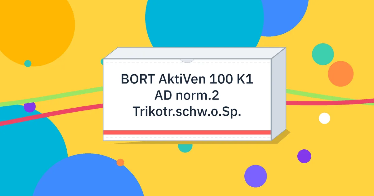 Symbolbild: Packung mit der Aufschrift BORT AktiVen 100 K1 AD norm.2 Trikotr.schw.o.Sp. (PZN 14386871) – Verfügbarkeit und Bezug in Apotheken in Frankfurt am Main