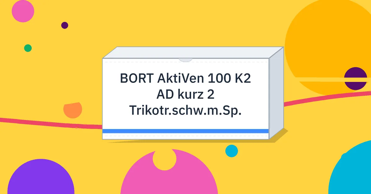 Symbolbild: Packung mit der Aufschrift BORT AktiVen 100 K2 AD kurz 2 Trikotr.schw.m.Sp. (PZN 14386799) – Verfügbarkeit und Bezug in Apotheken in Frankfurt am Main