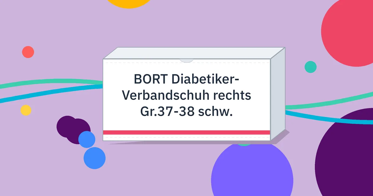 Symbolbild: Packung mit der Aufschrift BORT Diabetiker-Verbandschuh rechts Gr.37-38 schw. (PZN 11581299) – Verfügbarkeit und Bezug in Apotheken in Frankfurt am Main