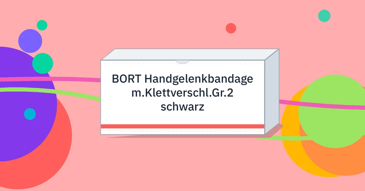 Symbolbild: Packung mit der Aufschrift BORT Handgelenkbandage m.Klettverschl.Gr.2 schwarz (PZN 04654098) – Verfügbarkeit und Bezug in Apotheken in Frankfurt am Main
