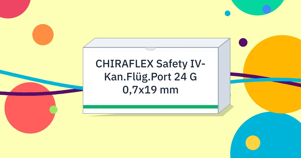 Symbolbild: Packung mit der Aufschrift CHIRAFLEX Safety IV-Kan.Flüg.Port 24 G 0,7x19 mm (PZN 17253165) – Verfügbarkeit und Bezug in Apotheken in Frankfurt am Main