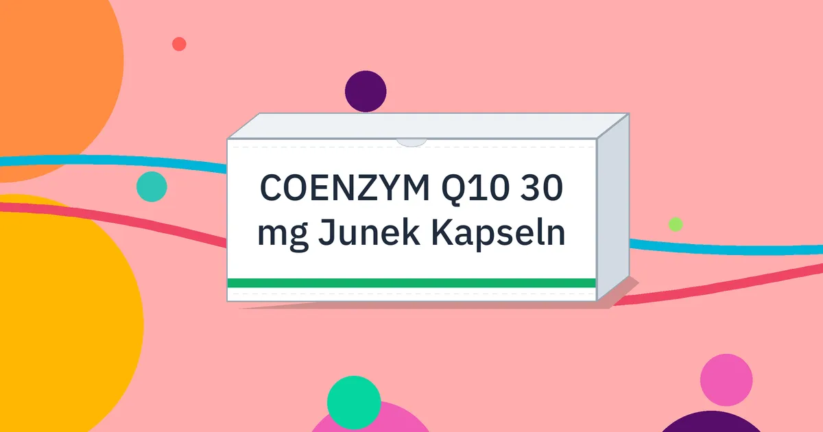 Symbolbild: Packung mit der Aufschrift COENZYM Q10 30 mg Junek Kapseln (PZN 09719856) – Verfügbarkeit und Bezug in Apotheken in Frankfurt am Main