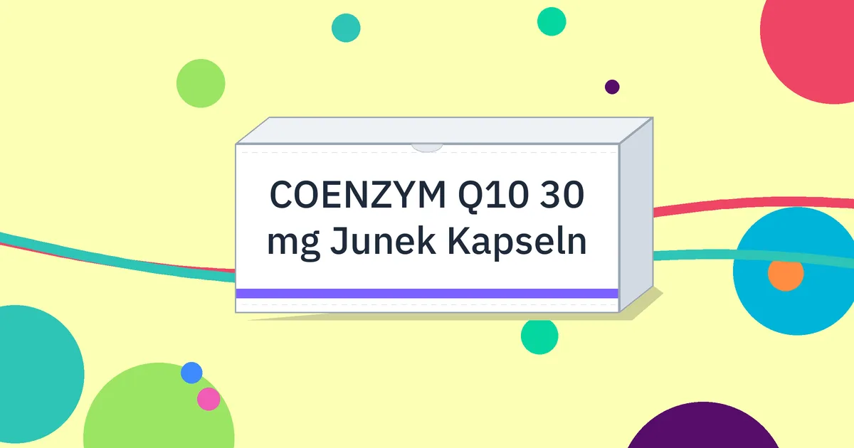 Symbolbild: Packung mit der Aufschrift COENZYM Q10 30 mg Junek Kapseln (PZN 09719879) – Verfügbarkeit und Bezug in Apotheken in Frankfurt am Main