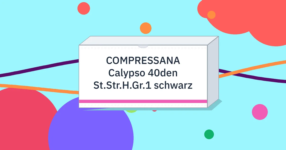 Symbolbild: Packung mit der Aufschrift COMPRESSANA Calypso 40den St.Str.H.Gr.1 schwarz (PZN 07720022) – Verfügbarkeit und Bezug in Apotheken in Frankfurt am Main