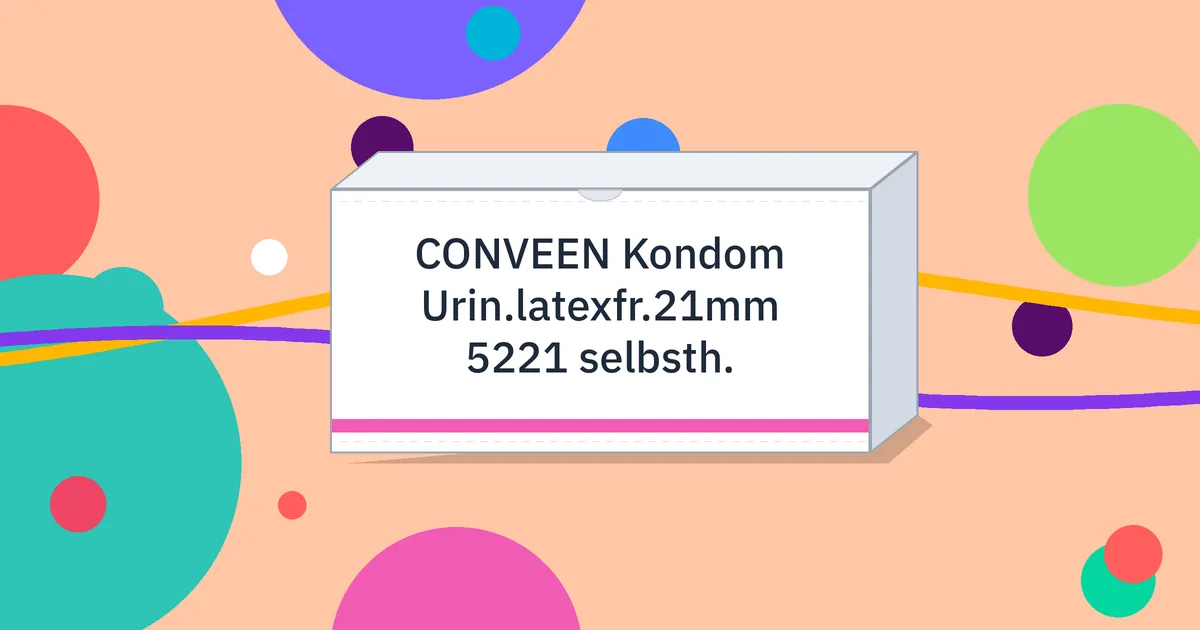 Symbolbild: Packung mit der Aufschrift CONVEEN Kondom Urin.latexfr.21mm 5221 selbsth. (PZN 08523996) – Verfügbarkeit und Bezug in Apotheken in Frankfurt am Main