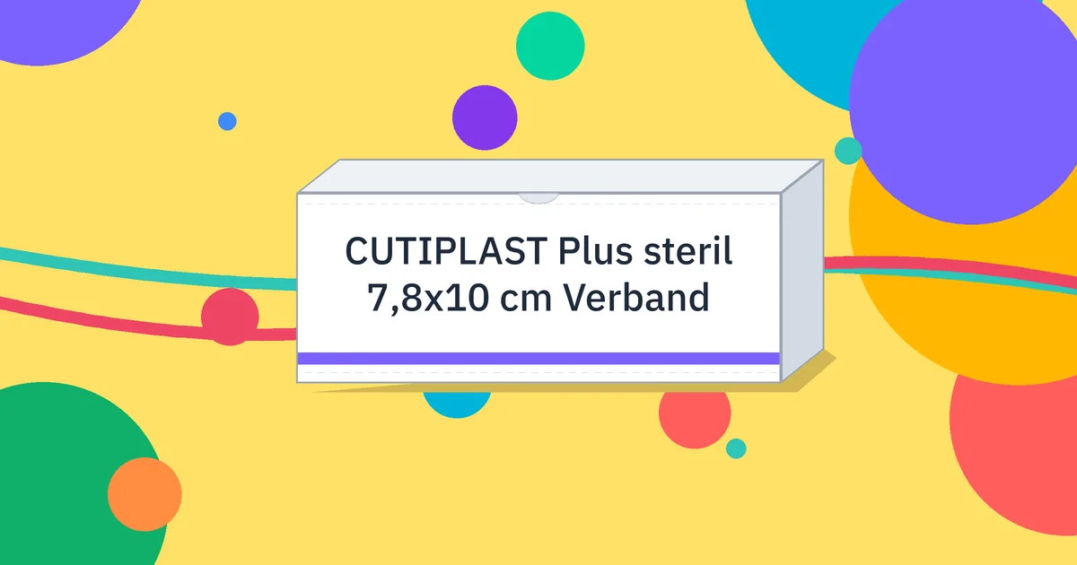 Symbolbild: Packung mit der Aufschrift CUTIPLAST Plus steril 7,8x10 cm Verband (PZN 08928747) – Verfügbarkeit und Bezug in Apotheken in Frankfurt am Main