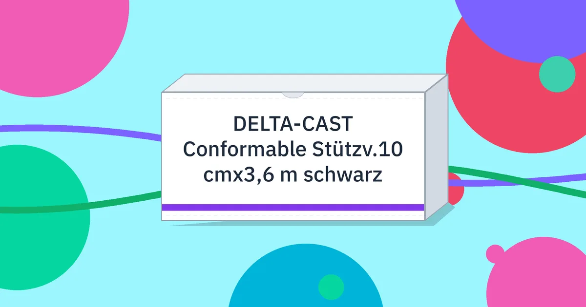 Symbolbild: Packung mit der Aufschrift DELTA-CAST Conformable Stützv.10 cmx3,6 m schwarz (PZN 02845931) – Verfügbarkeit und Bezug in Apotheken in Frankfurt am Main