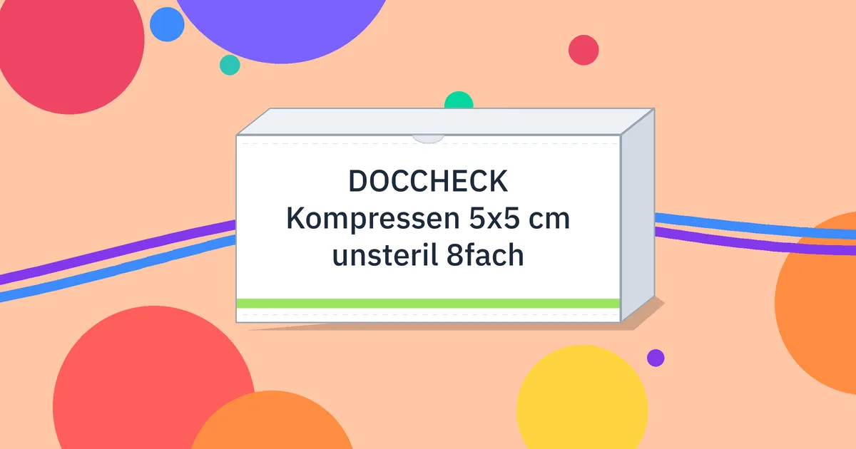 Symbolbild: Packung mit der Aufschrift DOCCHECK Kompressen 5x5 cm unsteril 8fach (PZN 09887430) – Verfügbarkeit und Bezug in Apotheken in Frankfurt am Main