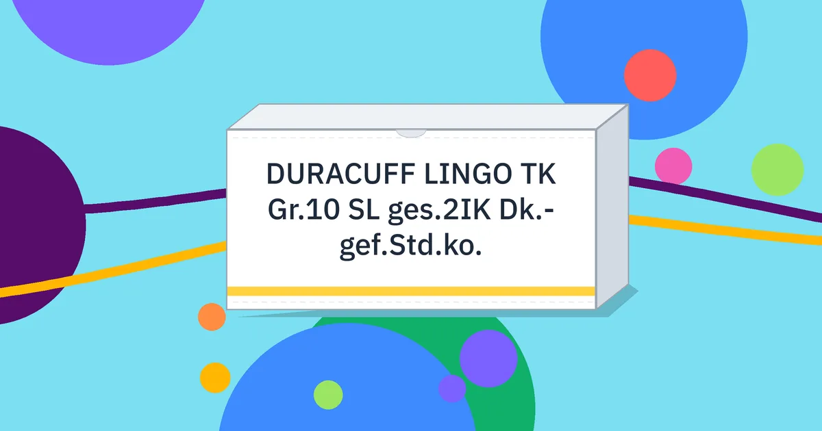 Symbolbild: Packung mit der Aufschrift DURACUFF LINGO TK Gr.10 SL ges.2IK Dk.-gef.Std.ko. (PZN 04958987) – Verfügbarkeit und Bezug in Apotheken in Frankfurt am Main
