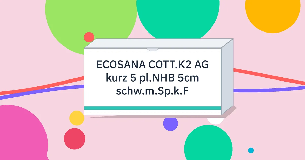 Symbolbild: Packung mit der Aufschrift ECOSANA COTT.K2 AG kurz 5 pl.NHB 5cm schw.m.Sp.k.F (PZN 16950264) – Verfügbarkeit und Bezug in Apotheken in Frankfurt am Main