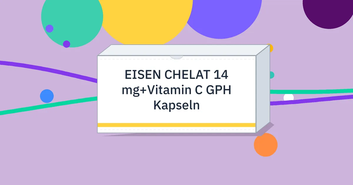 Symbolbild: Packung mit der Aufschrift EISEN CHELAT 14 mg+Vitamin C GPH Kapseln (PZN 10082306) – Verfügbarkeit und Bezug in Apotheken in Frankfurt am Main