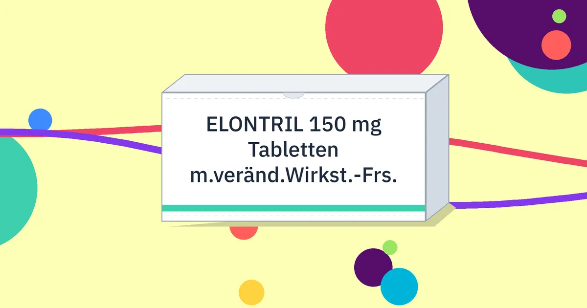 Symbolbild: Packung mit der Aufschrift ELONTRIL 150 mg Tabletten m.veränd.Wirkst.-Frs. (PZN 12344555) – Verfügbarkeit und Bezug in Apotheken in Frankfurt am Main