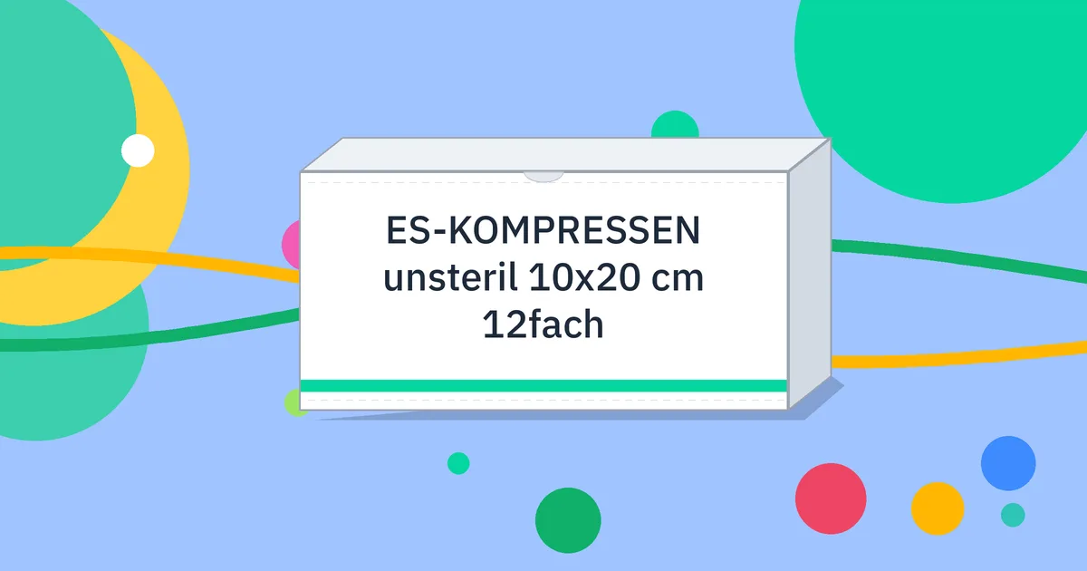 Symbolbild: Packung mit der Aufschrift ES-KOMPRESSEN unsteril 10x20 cm 12fach (PZN 10135244) – Verfügbarkeit und Bezug in Apotheken in Frankfurt am Main