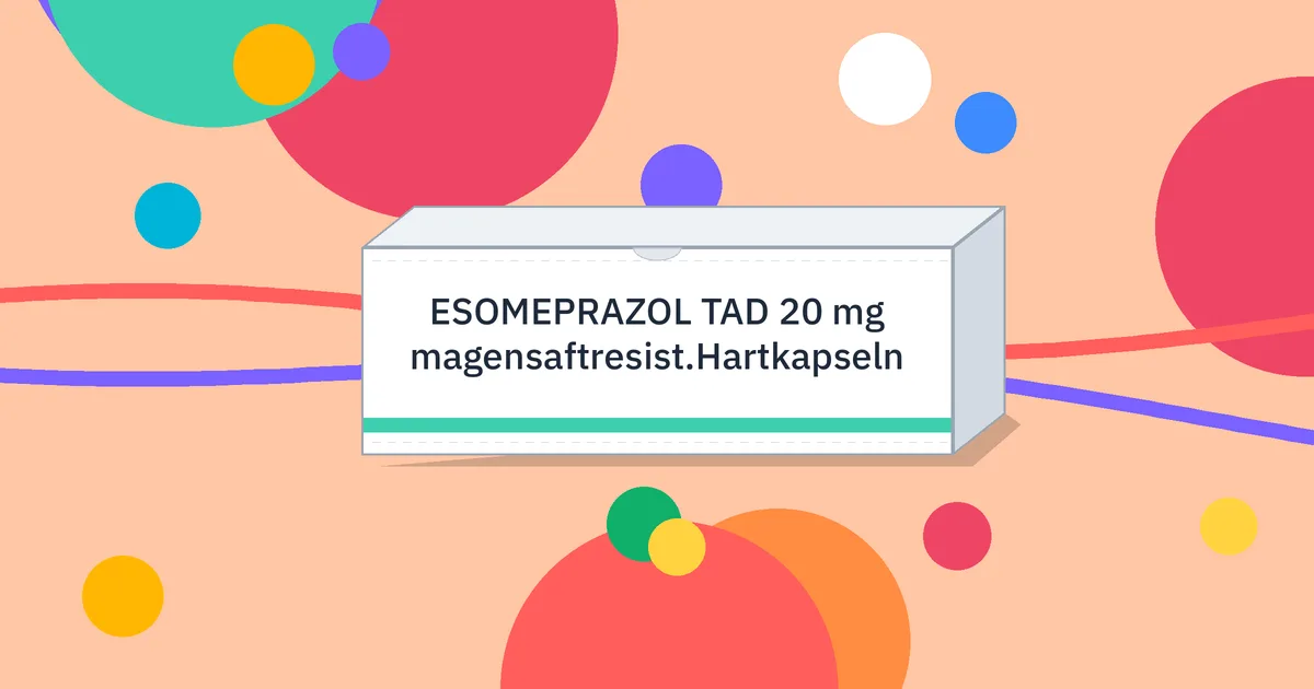 Symbolbild: Packung mit der Aufschrift ESOMEPRAZOL TAD 20 mg magensaftresist.Hartkapseln (PZN 06834255) – Verfügbarkeit und Bezug in Apotheken in Frankfurt am Main