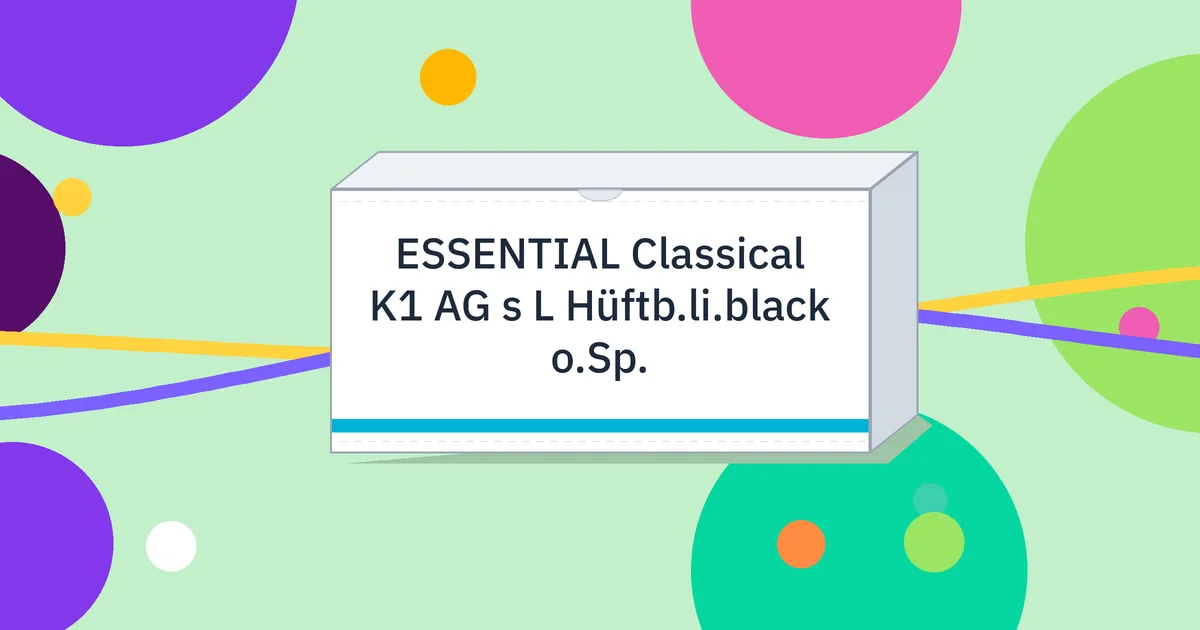 Symbolbild: Packung mit der Aufschrift ESSENTIAL Classical K1 AG s L Hüftb.li.black o.Sp. (PZN 17013165) – Verfügbarkeit und Bezug in Apotheken in Frankfurt am Main
