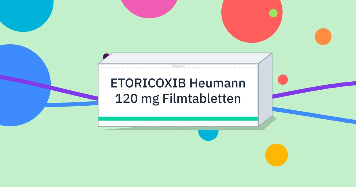 Symbolbild: Packung mit der Aufschrift ETORICOXIB Heumann 120 mg Filmtabletten (PZN 17824113) – Verfügbarkeit und Bezug in Apotheken in Frankfurt am Main