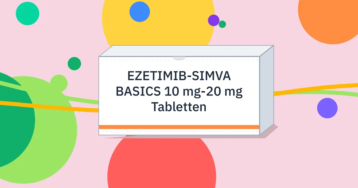 Symbolbild: Packung mit der Aufschrift EZETIMIB-SIMVA BASICS 10 mg-20 mg Tabletten (PZN 13828120) – Verfügbarkeit und Bezug in Apotheken in Frankfurt am Main