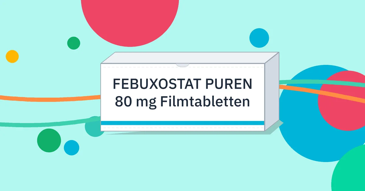 Symbolbild: Packung mit der Aufschrift FEBUXOSTAT PUREN 80 mg Filmtabletten (PZN 14304666) – Verfügbarkeit und Bezug in Apotheken in Frankfurt am Main