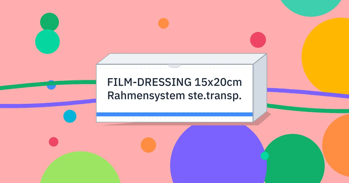 Symbolbild: Packung mit der Aufschrift FILM-DRESSING 15x20cm Rahmensystem ste.transp. (PZN 20010489) – Verfügbarkeit und Bezug in Apotheken in Frankfurt am Main