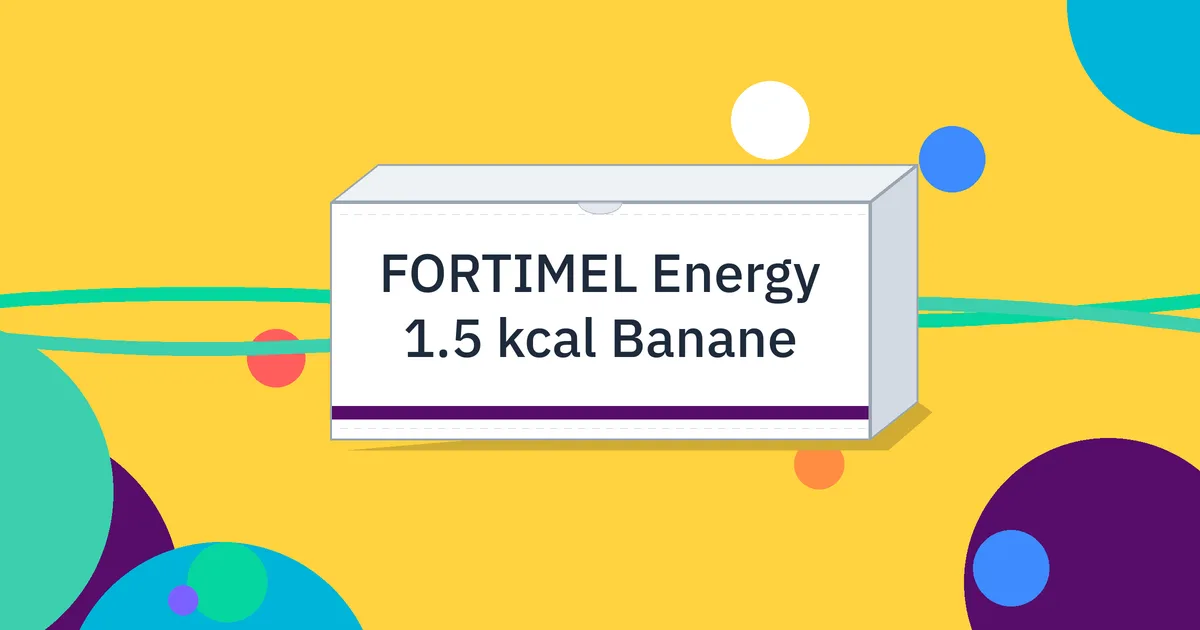 Symbolbild: Packung mit der Aufschrift FORTIMEL Energy 1.5 kcal Banane (PZN 20168606) – Verfügbarkeit und Bezug in Apotheken in Frankfurt am Main