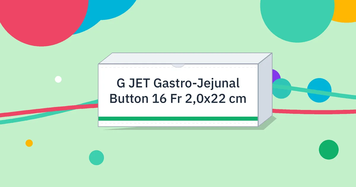Symbolbild: Packung mit der Aufschrift G JET Gastro-Jejunal Button 16 Fr 2,0x22 cm (PZN 14343057) – Verfügbarkeit und Bezug in Apotheken in Frankfurt am Main