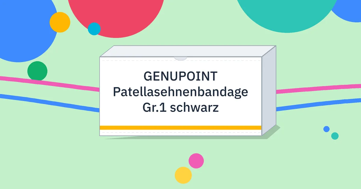 Symbolbild: Packung mit der Aufschrift GENUPOINT Patellasehnenbandage Gr.1 schwarz (PZN 11470938) – Verfügbarkeit und Bezug in Apotheken in Frankfurt am Main